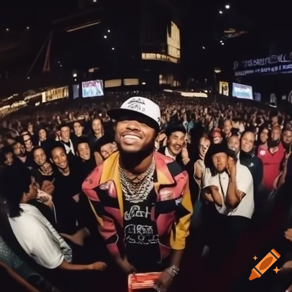 Crowd enjoying a rap live show in a bustling casino on Craiyon