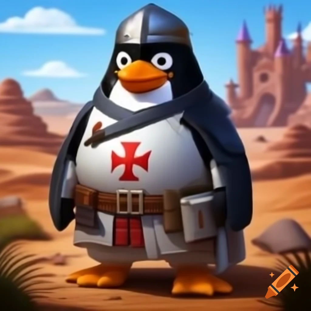 Linux penguin dressed as crusader in desert with castle background on ...