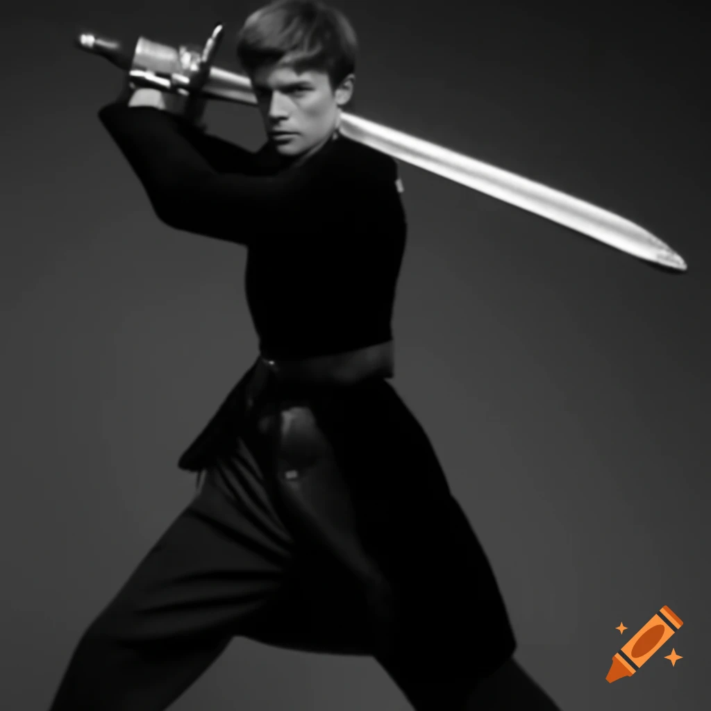 Young adult male in black trench coat striking action pose with sword ...