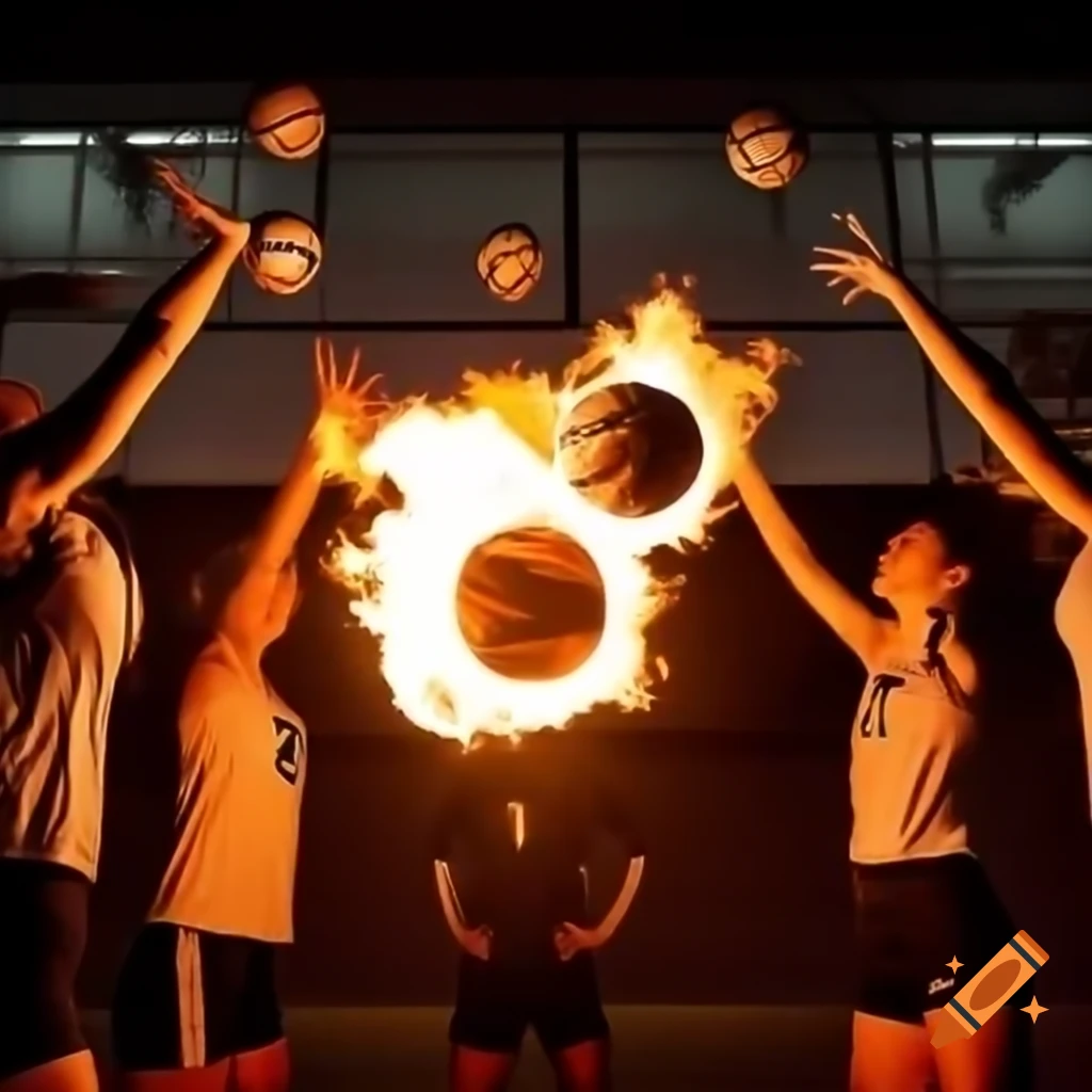 College volleyball players juggling fire balls on Craiyon