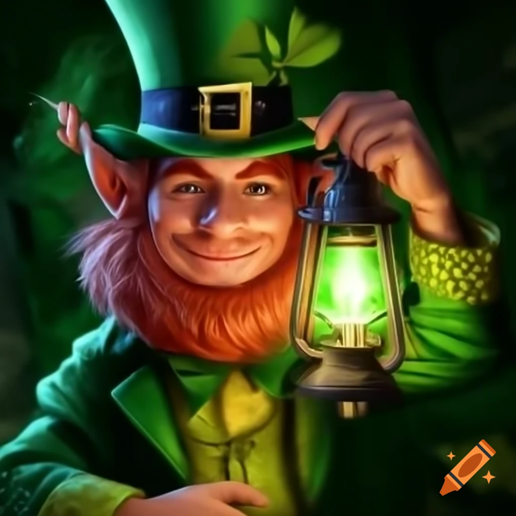 Leprechaun holding a lantern with green light, digital art on Craiyon