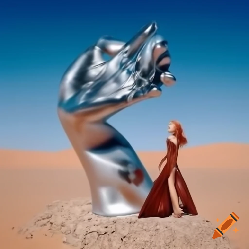 Surreal 2000's photography of silver statue of woman in stone desert on ...