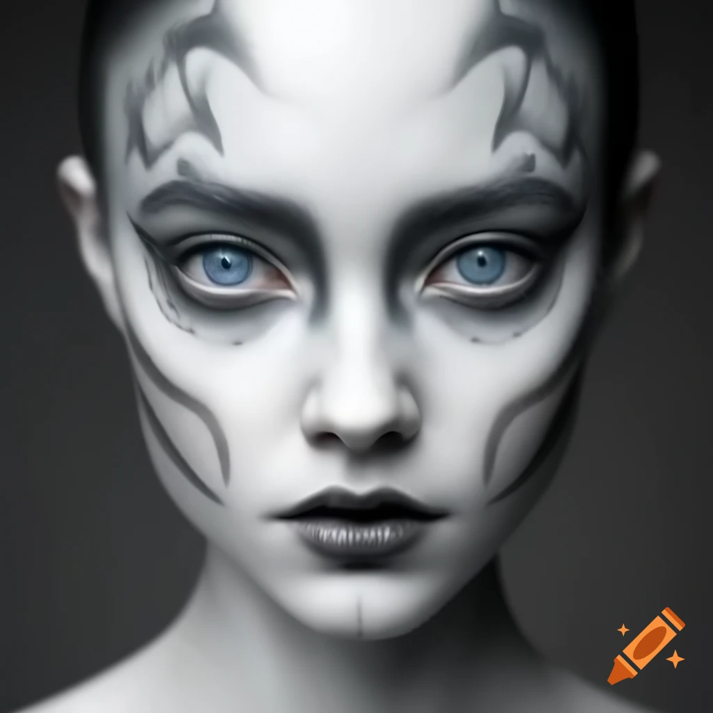 Hyper-realistic black and white portrait of a unique actress with alien ...