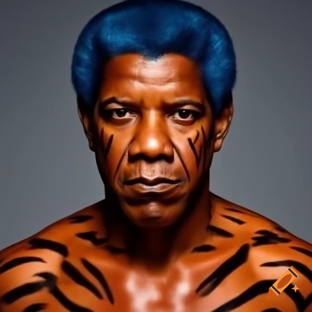 Muscular character with tiger-style makeup, featuring blue hair and ...