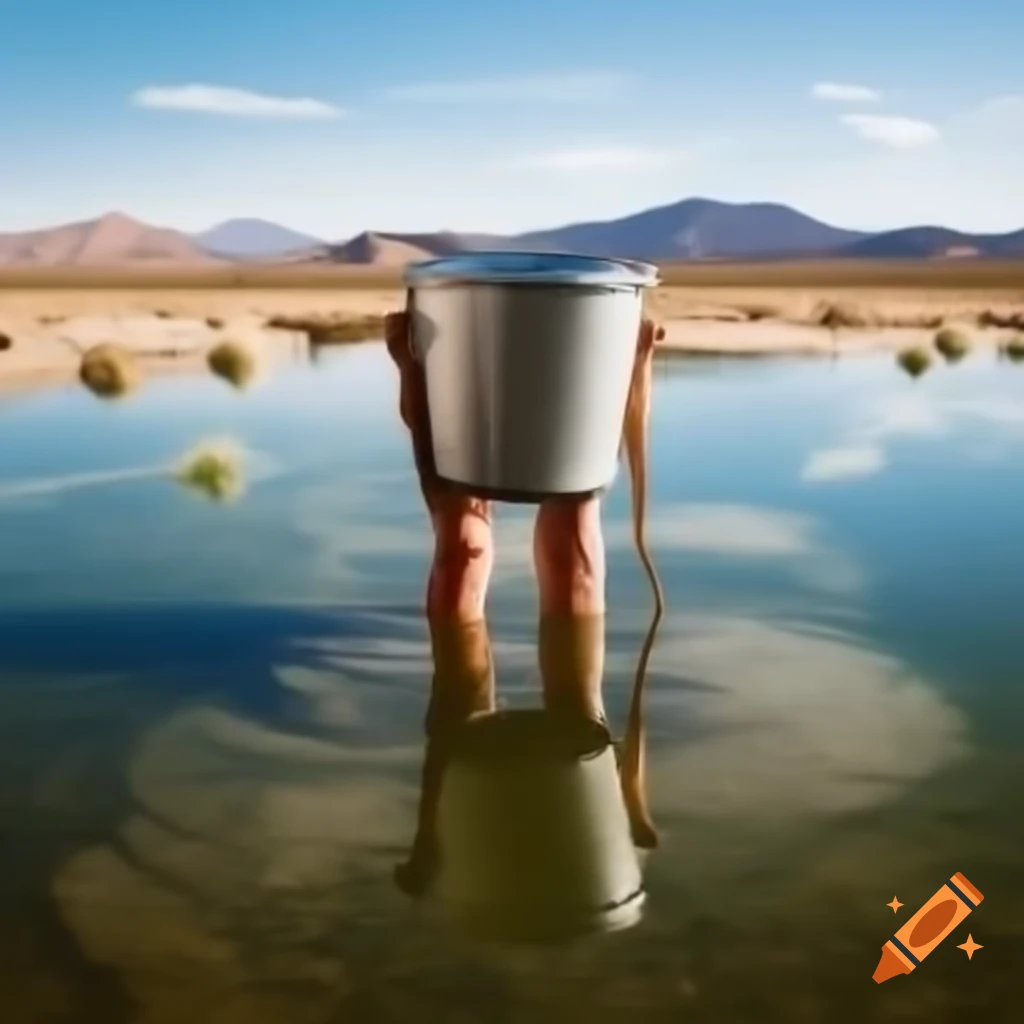 Bucket legs in a pond amidst desert landscape on Craiyon