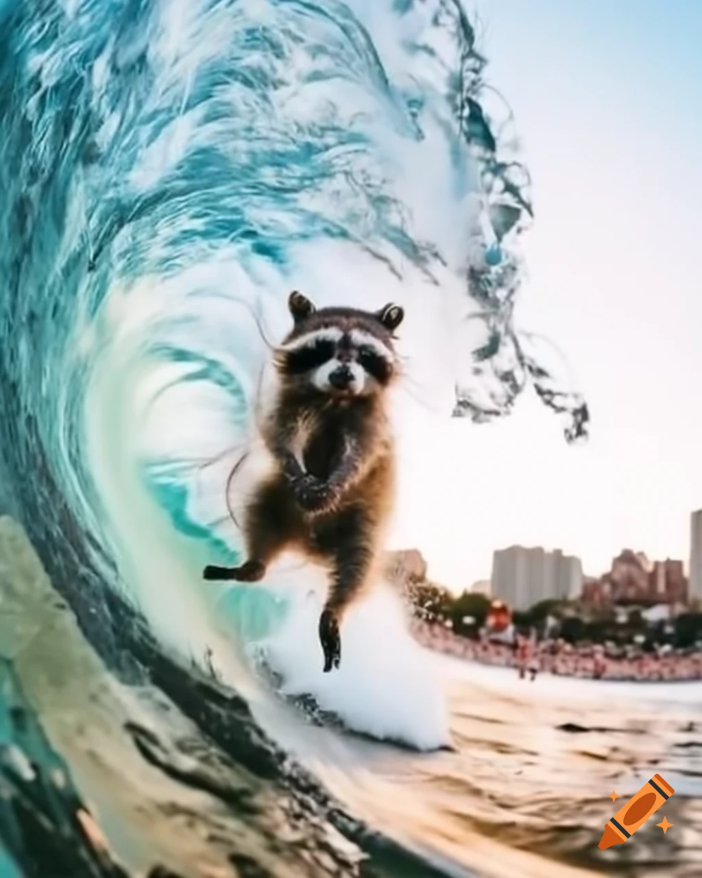 Raccoon surfing a wave with strawberry shake under the sun on Craiyon