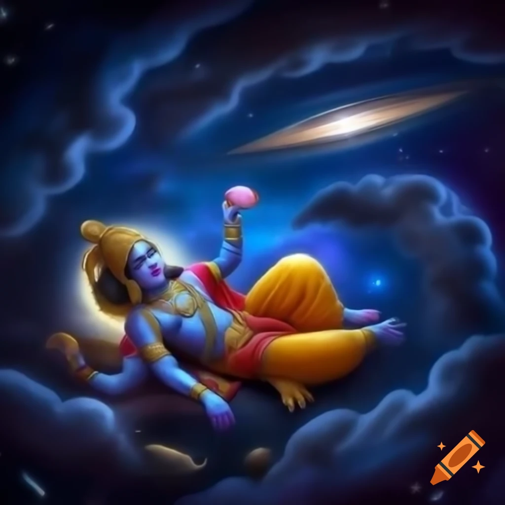 Lord vishnu reclining in a galaxy surrounded by celestial elements and weapons on Craiyon