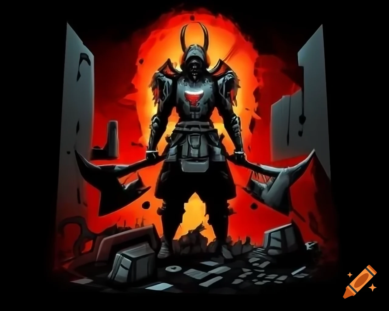 Cybernetic samurai with battle axe and plasma glow in apocalyptic ...