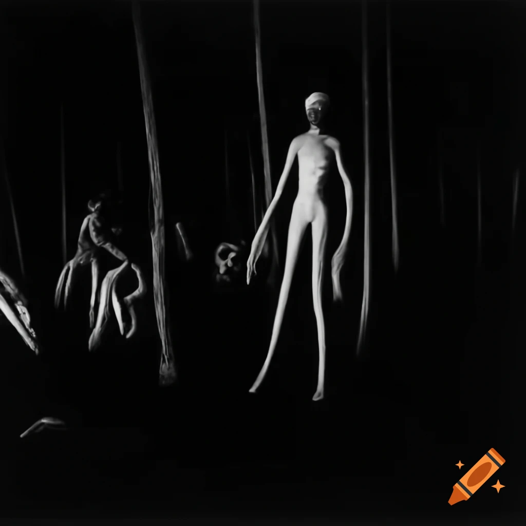 Tall Slender Figure With Elongated Limbs Crawling In Dark Forest 80s