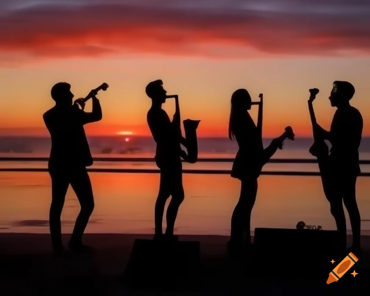 Silhouettes of music group at sunset beach with instruments and heart ...