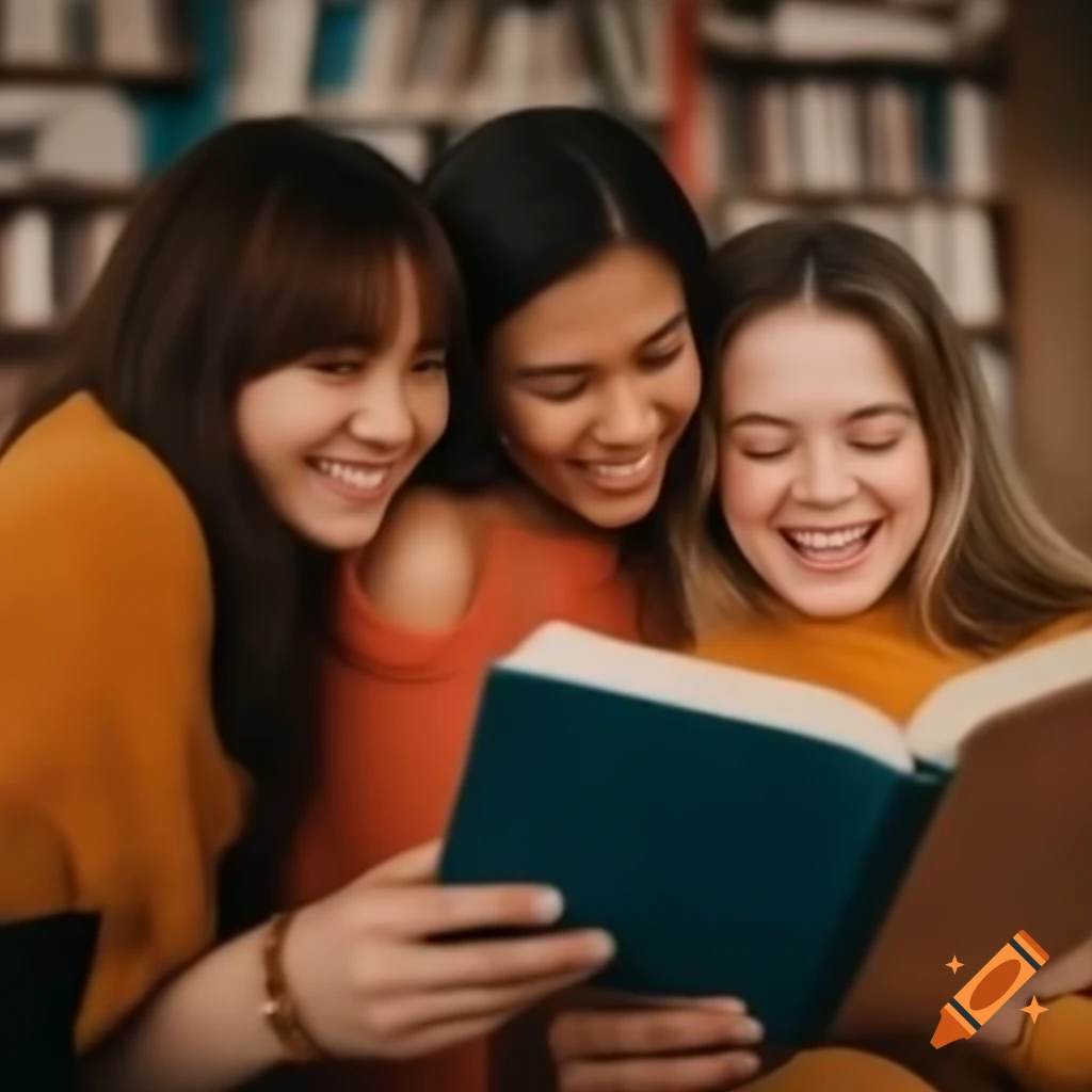 Group of laughing women reading books together on Craiyon