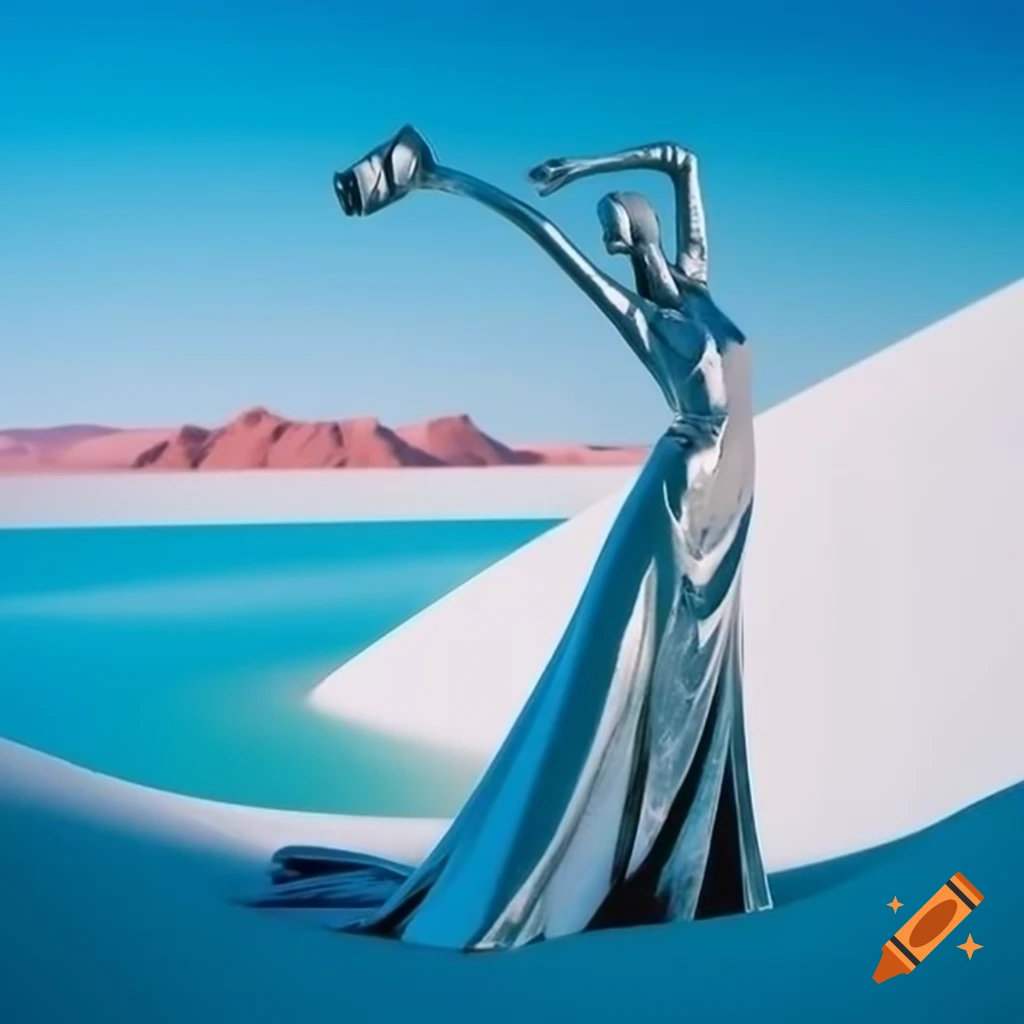 Pop surreal photography of woman silver statue in desert with blue lake ...