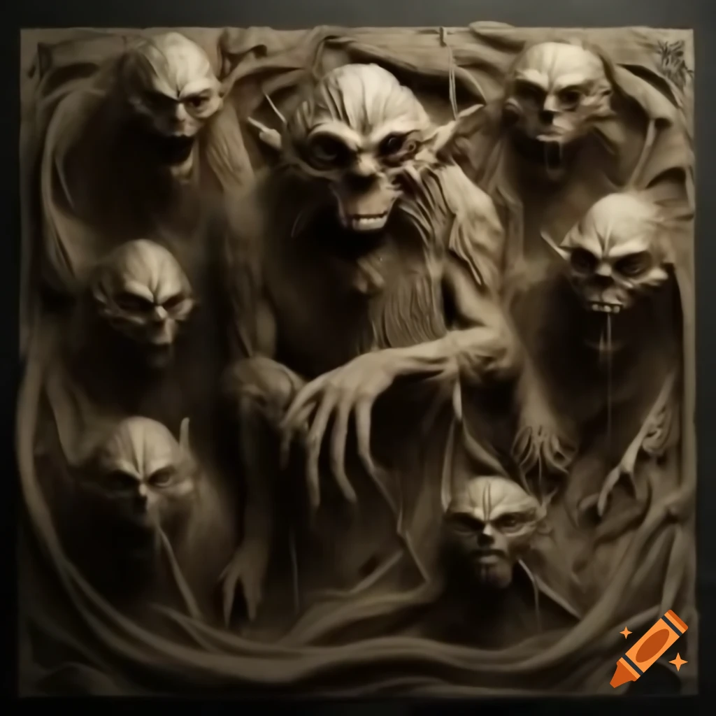 Bas relief carving featuring undead monsters on Craiyon