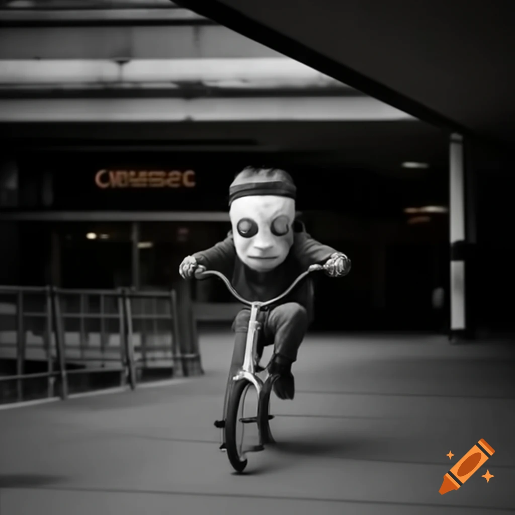 Tiny man in funny mask riding tricycle in empty old mall on Craiyon