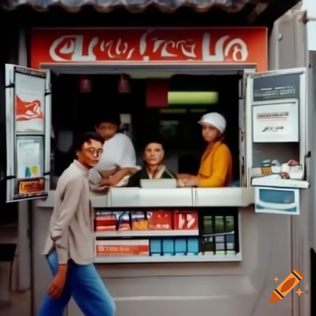 Small, cheerful convenience store with customer waiting on Craiyon