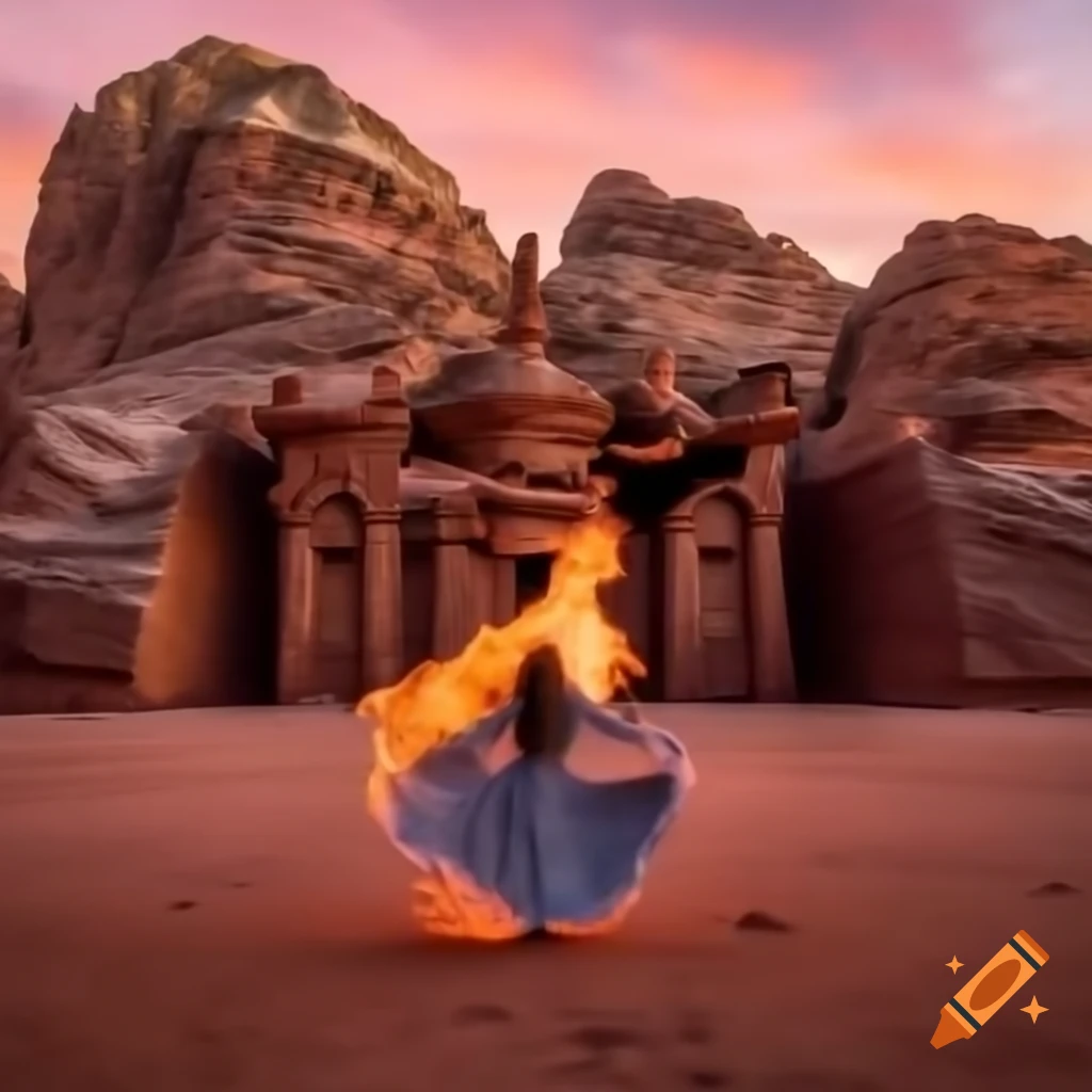 Gypsy girl dancing around bonfire in desert at sunset with stone ...