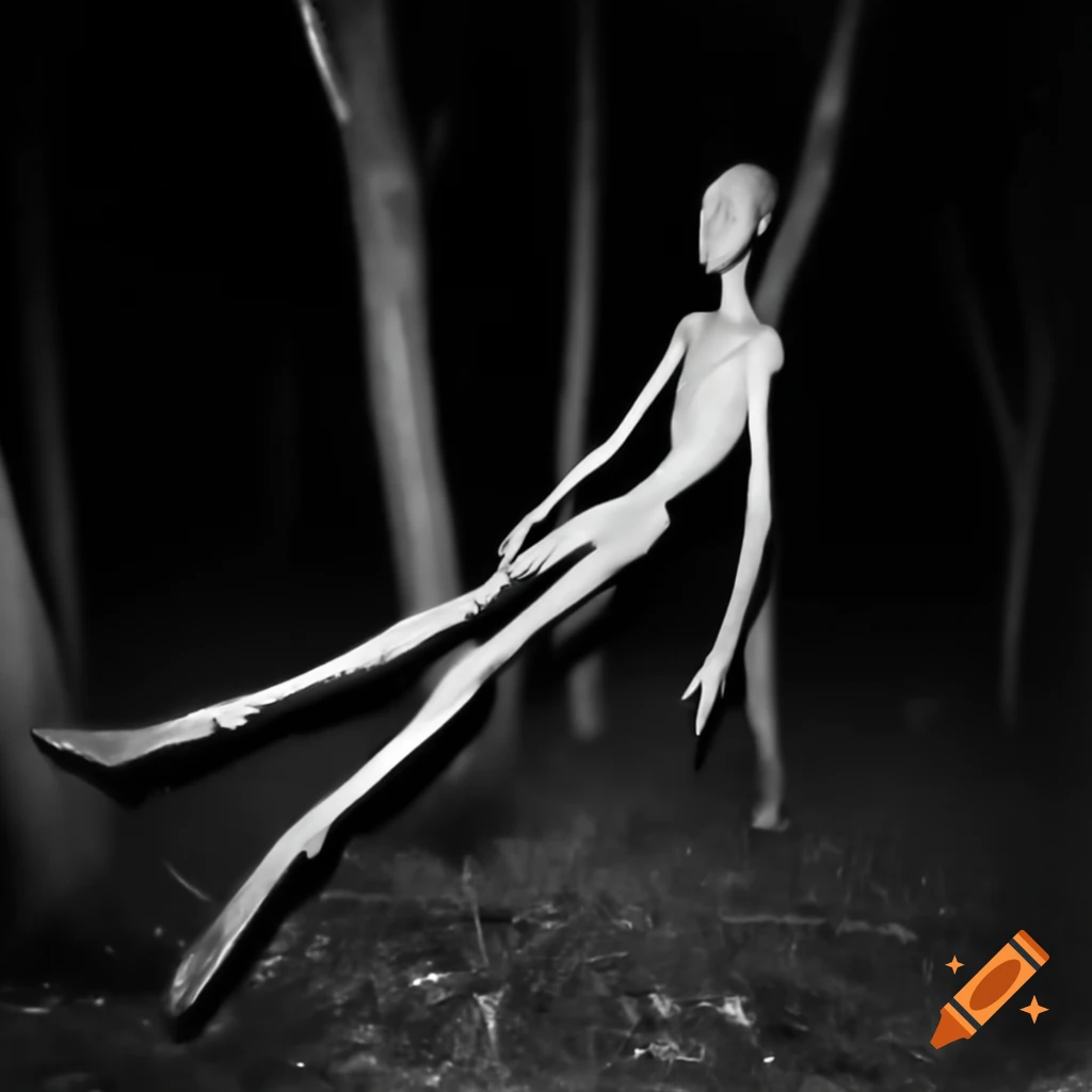 Slender figure crawling in dark forest, 80s style movie poster on Craiyon