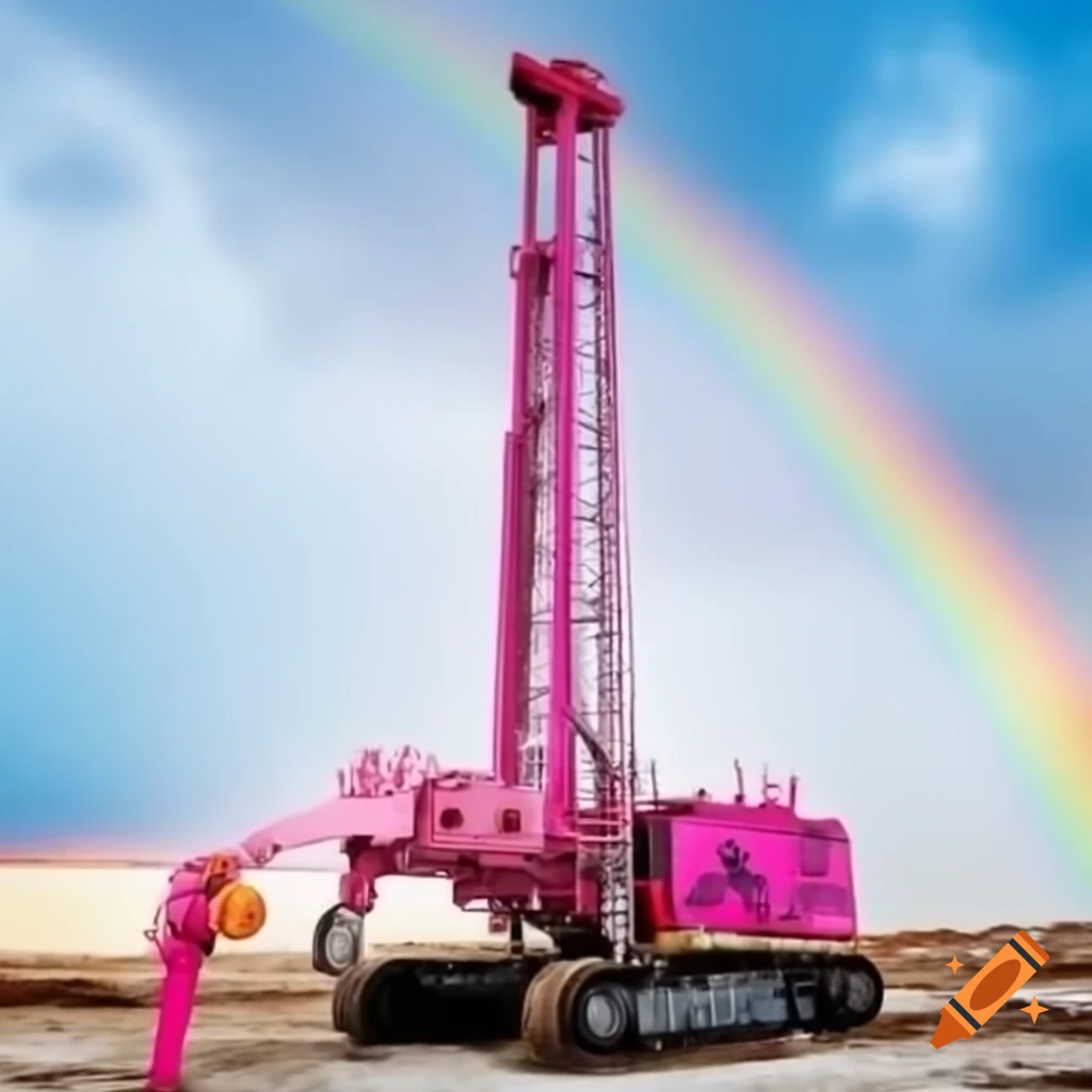 Pink drilling rig alongside a vibrant rainbow on Craiyon