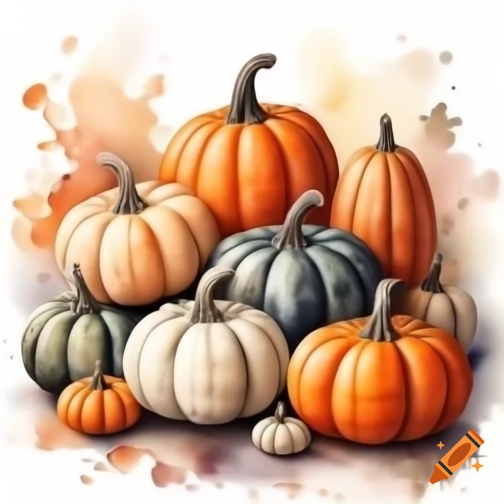 Watercolor thanksgiving scene featuring colorful pumpkins on Craiyon
