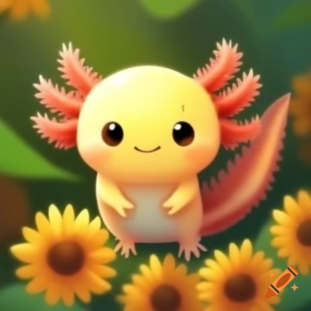 Cute yellow axolotl surrounded by sunflowers on Craiyon
