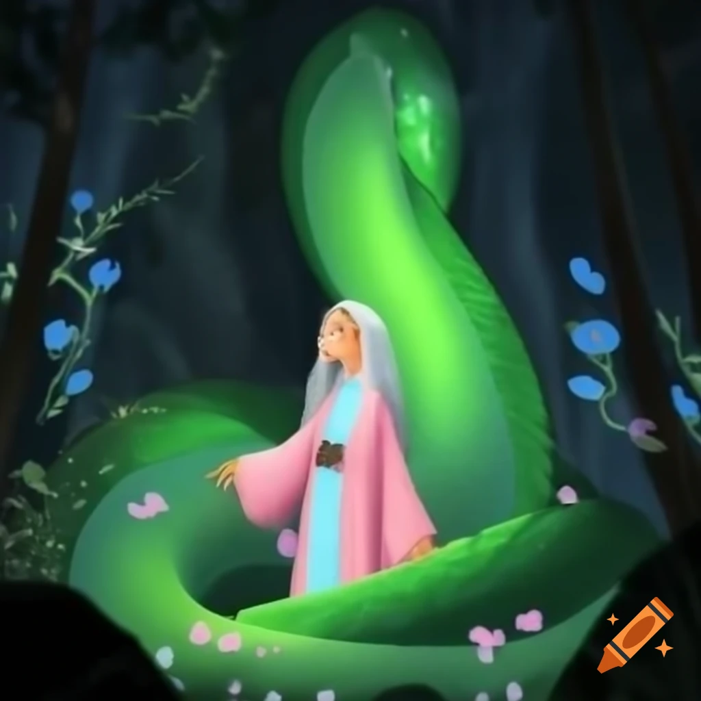 Strong English woman in pink and blue robe with giant green serpent in ...