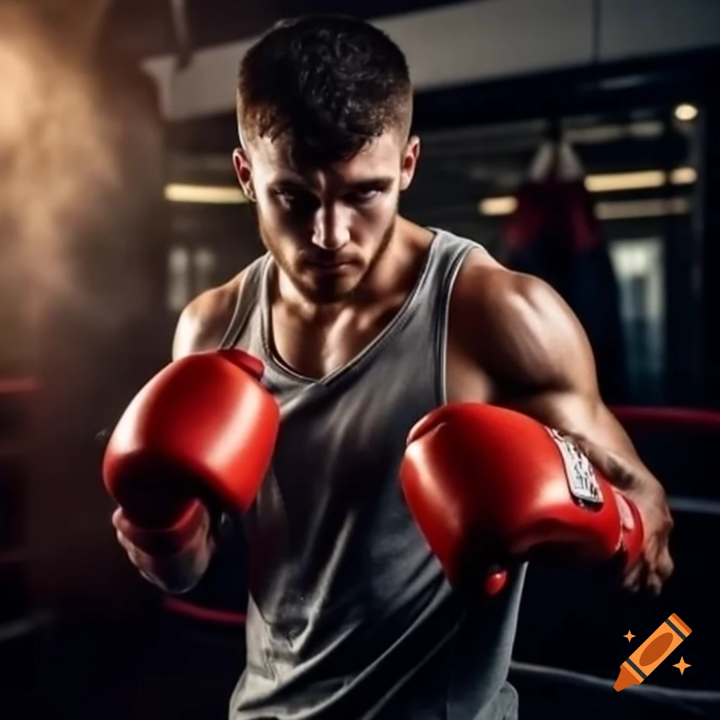 Young man boxing in gym with red gloves, focusing on punching bag on ...