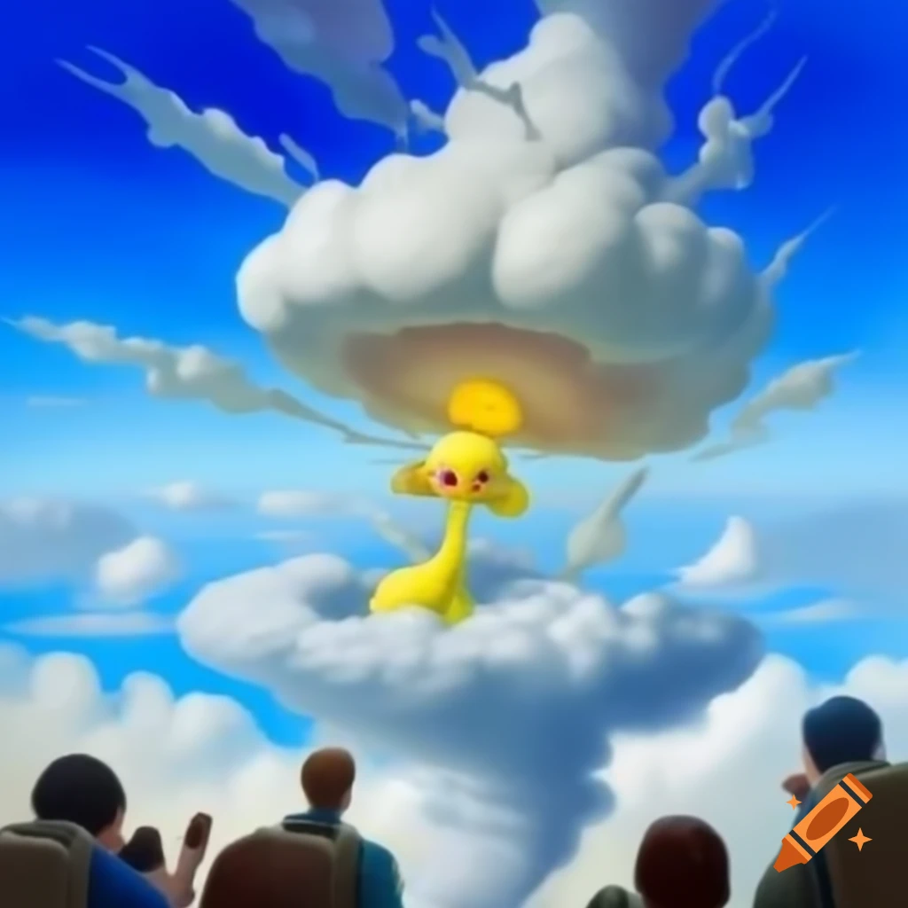 Whimsical canvas of cloud shaped like rubber duck over a fantastical ...