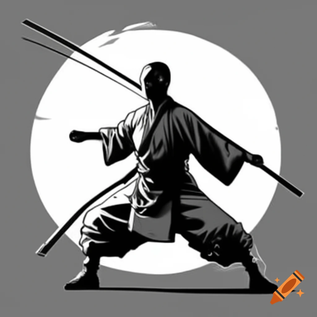 Shaolin monk in fighting pose with spear in monochrome silhouette on ...