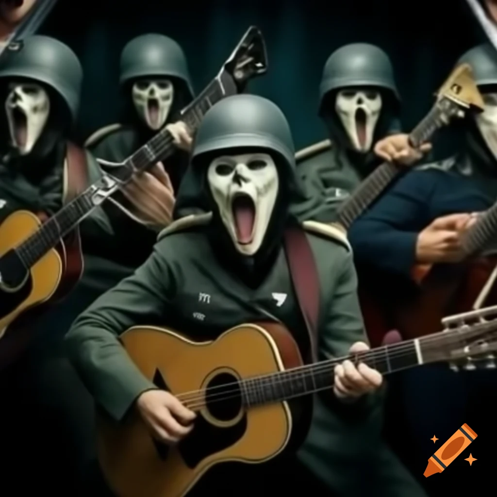 World War II German band performing with creative helmets and guitar ...