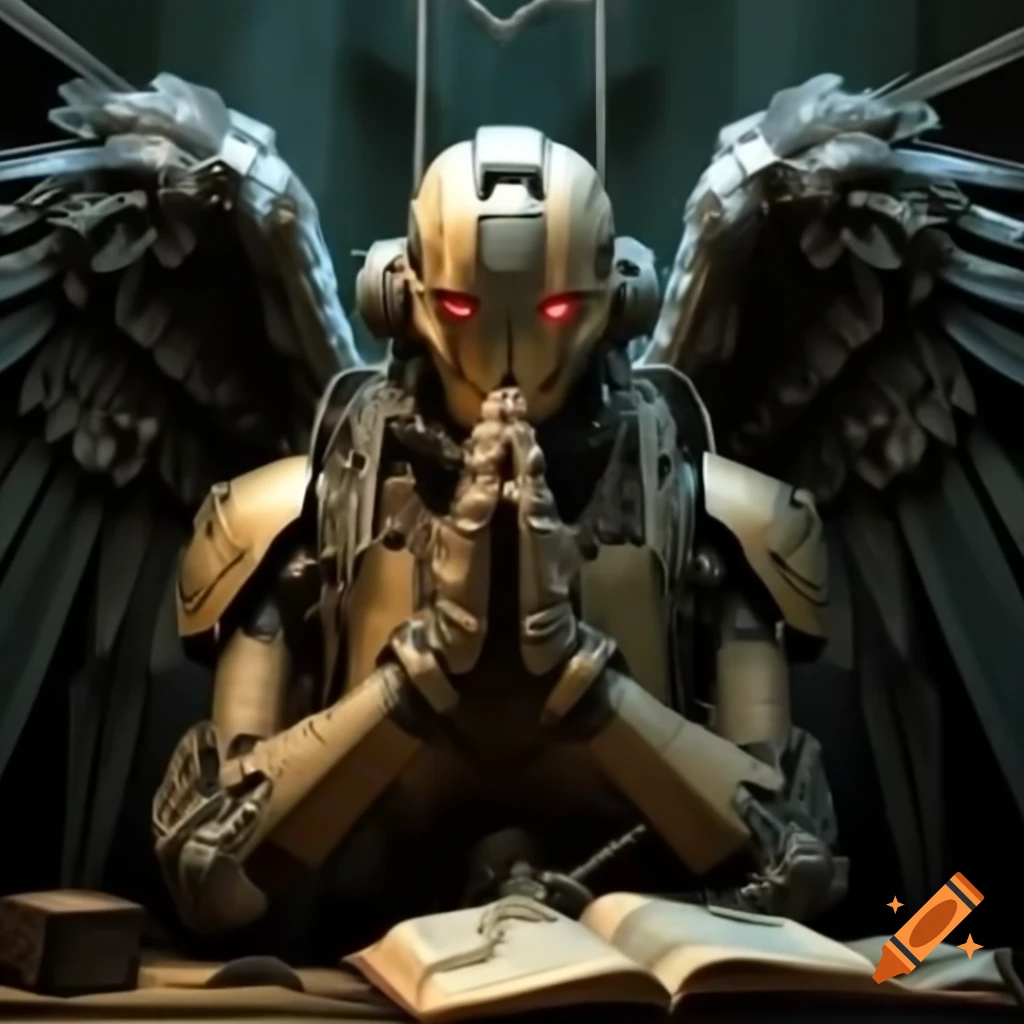 Mech angel in praying pose with mechanical wings and chained hands ...