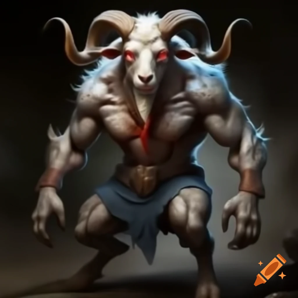 Realistic depiction of a strong goat-headed demon with large horns and ...