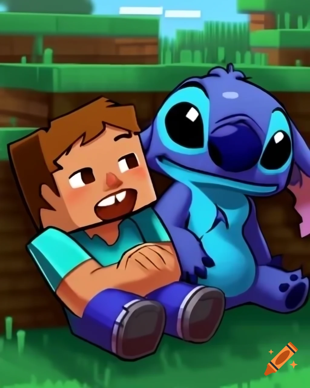 Minecraft characters Steve and Alex hugging Stitch in Minecraft scene on Craiyon