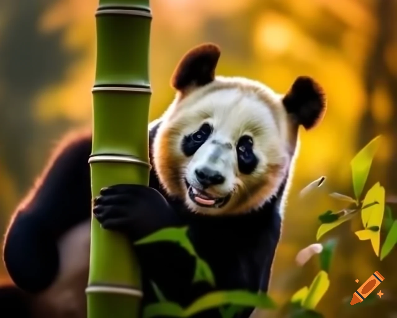 Panda bear eating bamboo under autumn sunlight, detailed painting on ...
