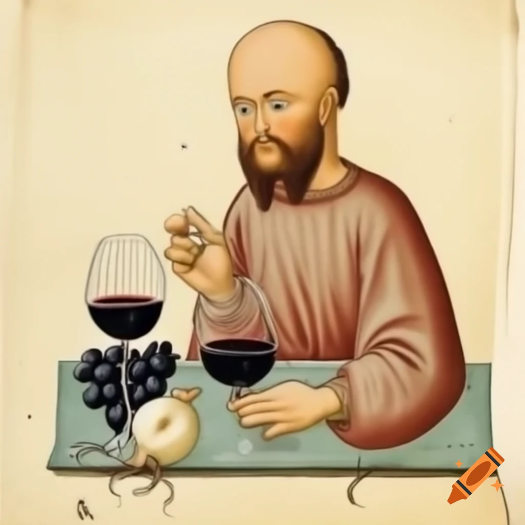 Medieval manuscript illustration of a bald man making wine with black ...