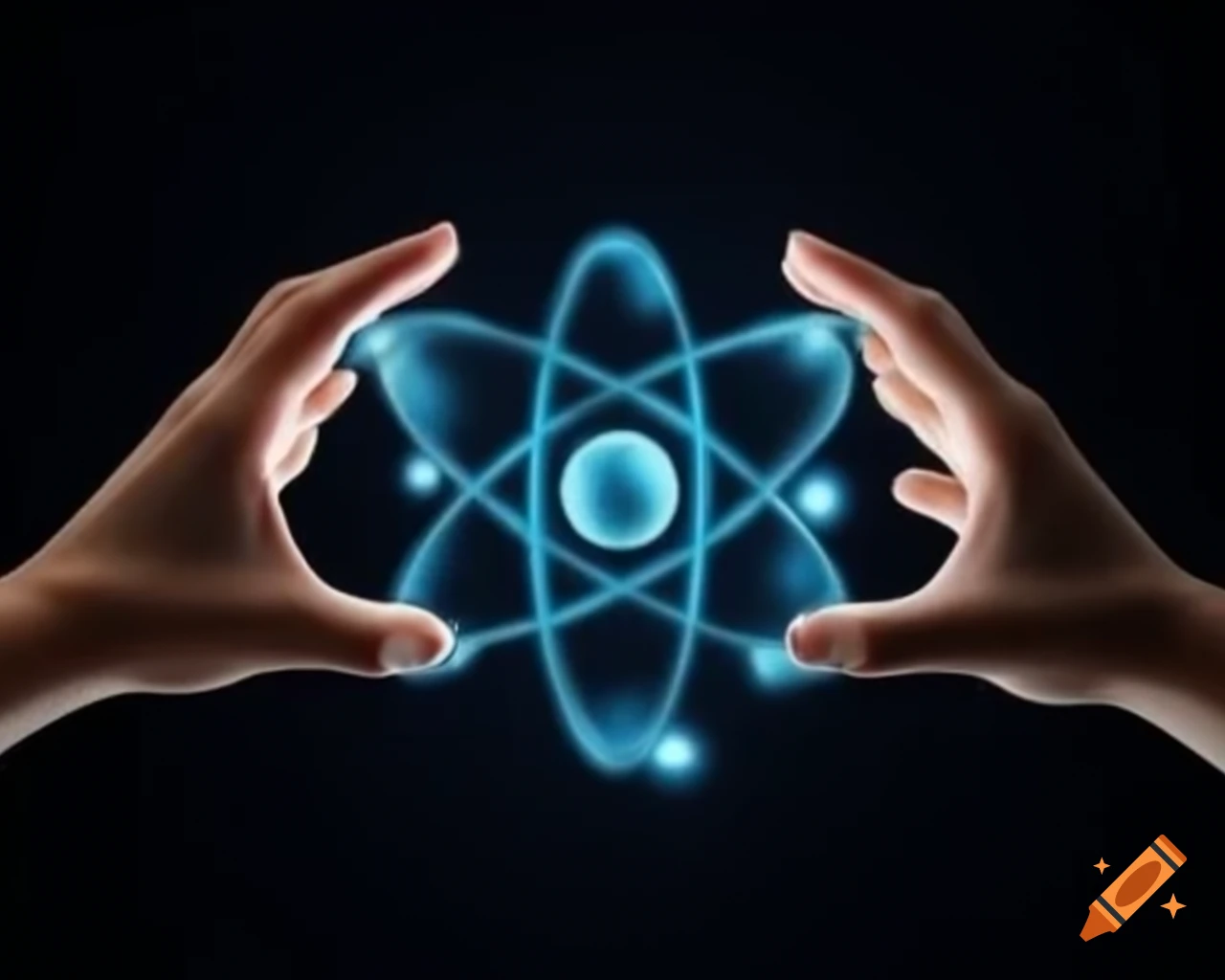Hands manipulating an atom, depicting scientific exploration on Craiyon