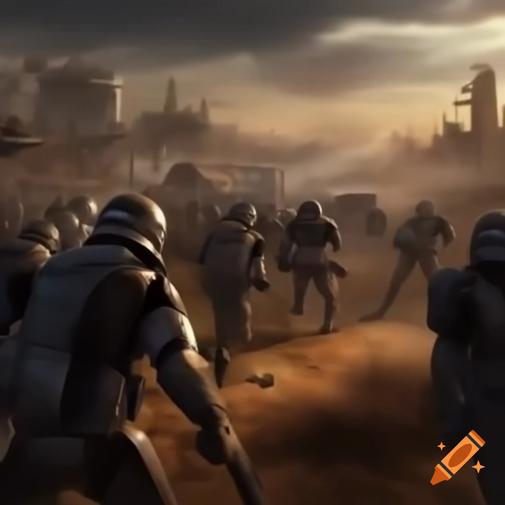 Soldiers from the Brotherhood of Nod in firefight with GDI patrol in Tiberium wasteland on Craiyon