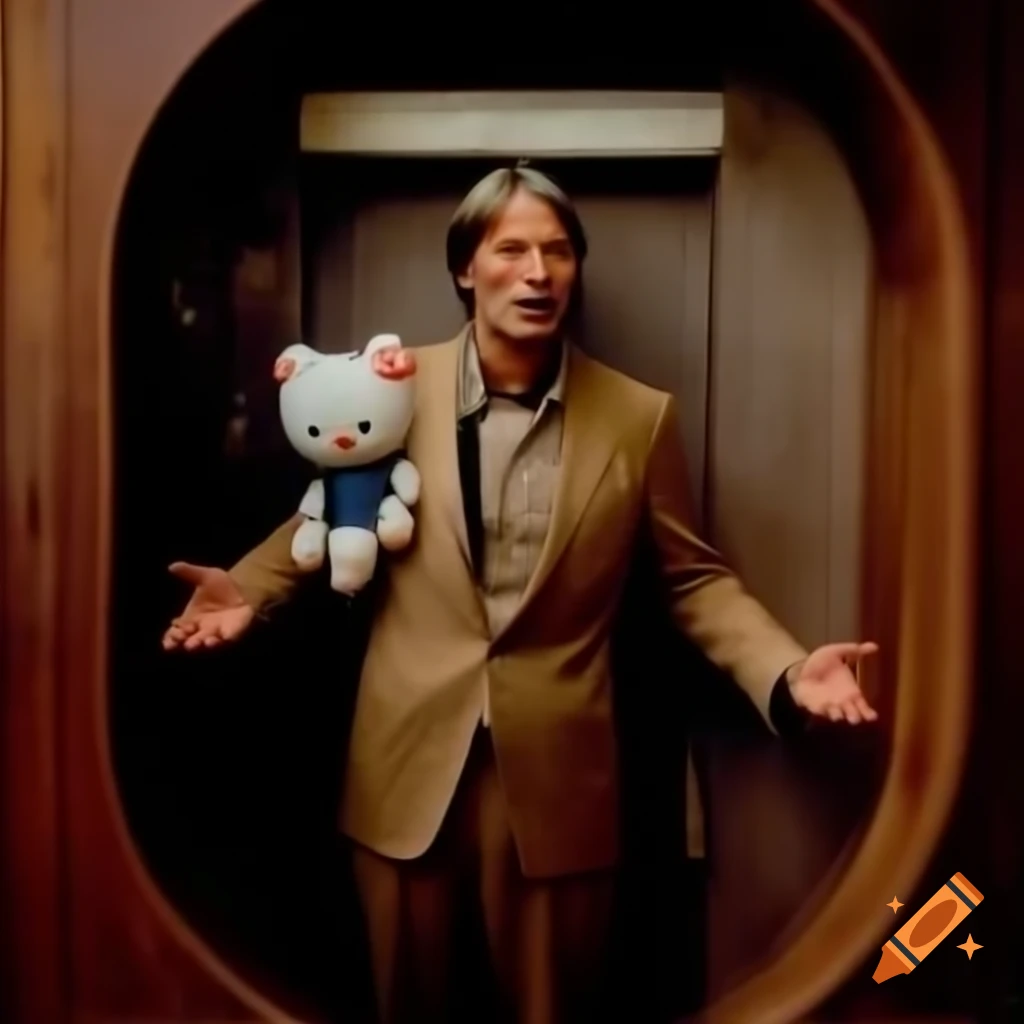 Danish actor mads mikkelsen holding hello kitty plushie, distorted ...