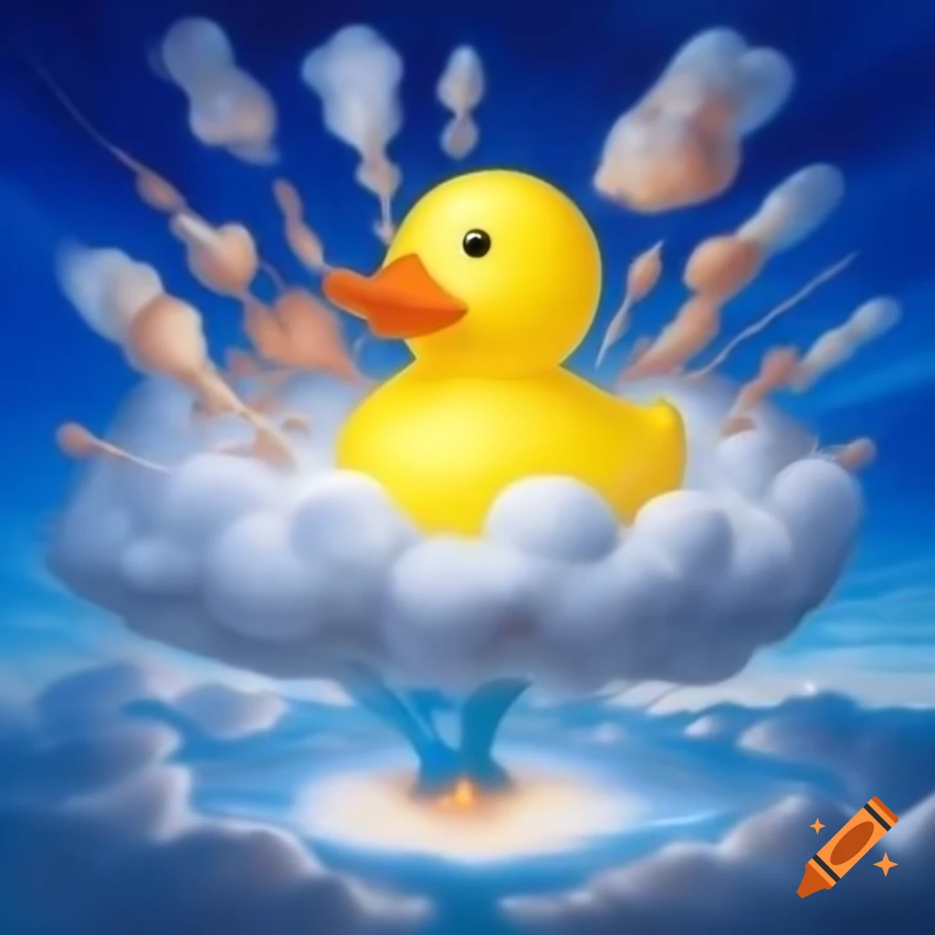 Whimsical canvas of cloud shaped like rubber duck over a fantastical explosion on Craiyon