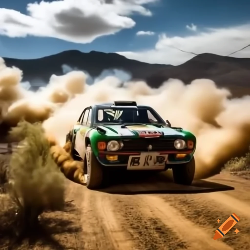 Rally car navigating dusty track with tire smoke and roadside sign on ...