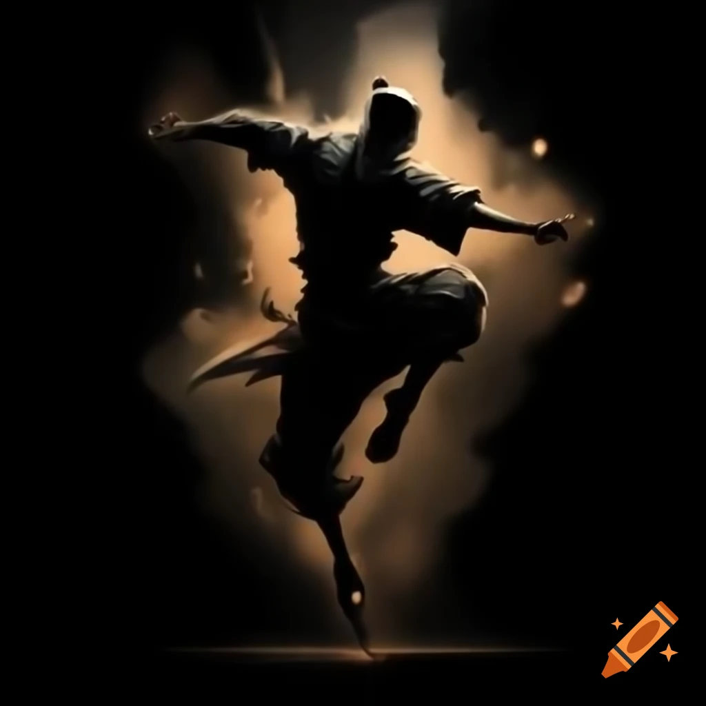 Silhouette of Shaolin monk leaping in battle, minimalist ink strokes on Craiyon