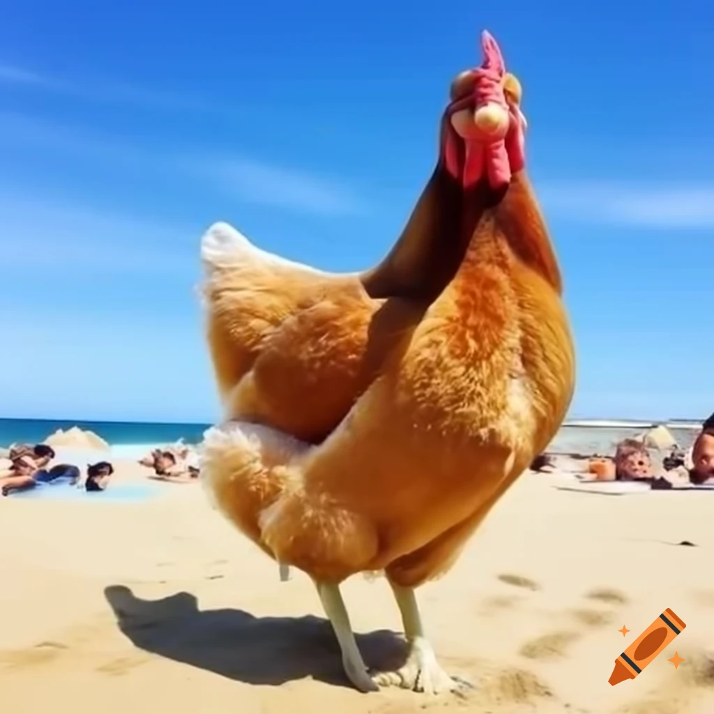 Colossal chicken on beach with tiny sunbathers on Craiyon