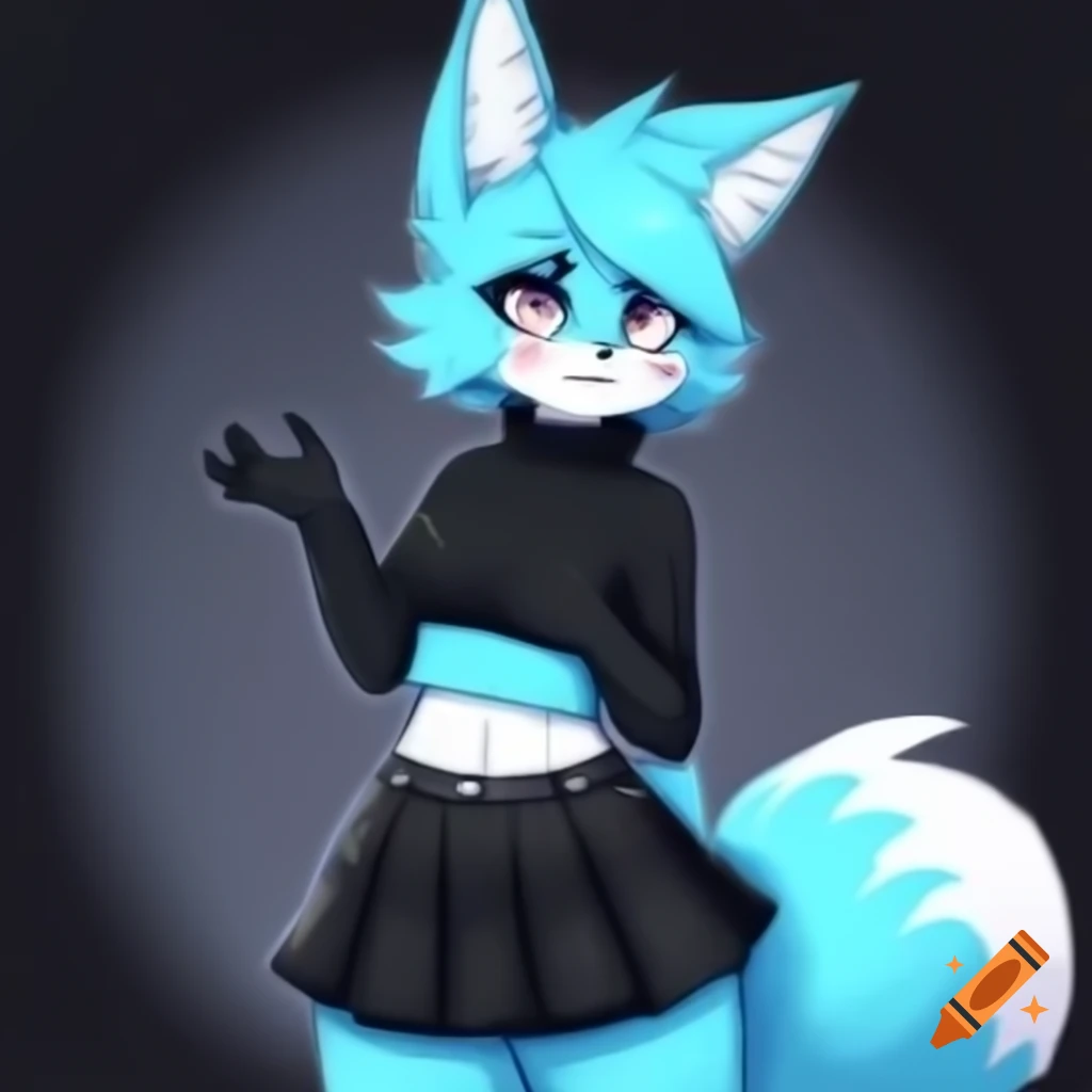 Cute Anthropomorphic Light Blue Fox Character In Feminine Attire Including A Black Skirt And