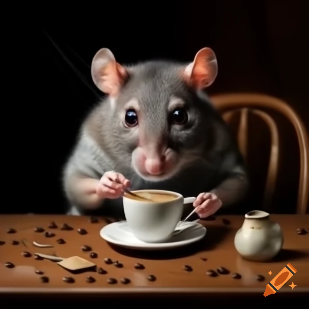 Humanoid rat enjoying a cup of coffee on Craiyon