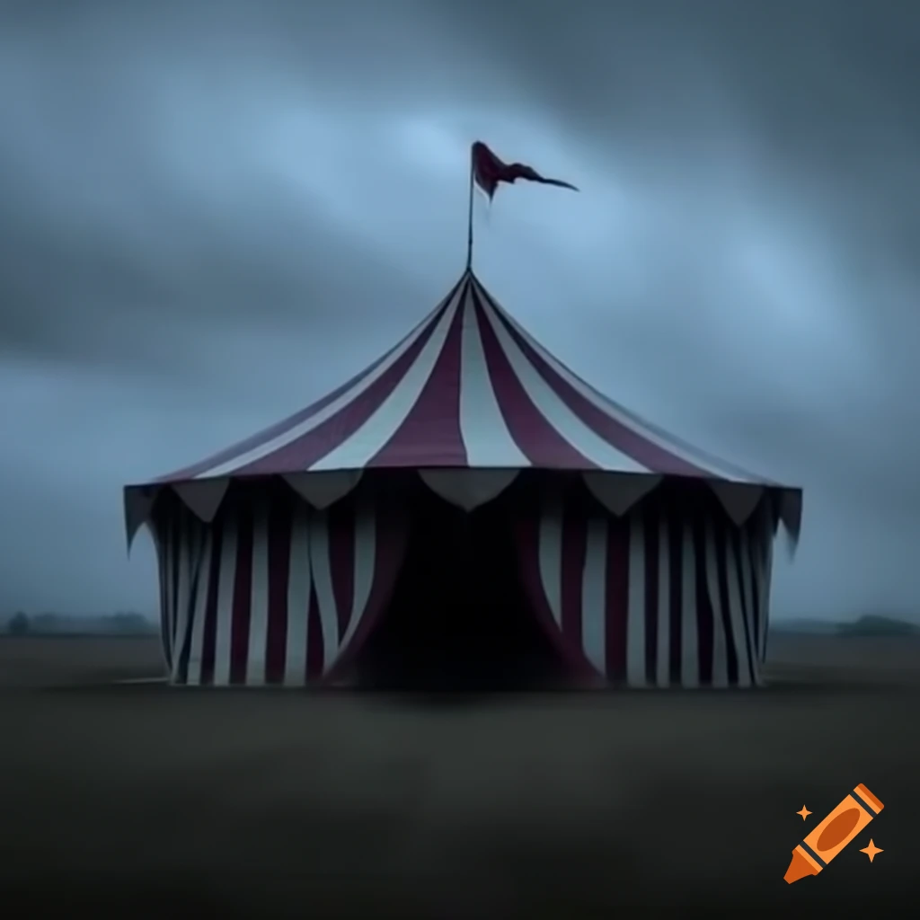 Creepy horror circus tent set in a field on Craiyon