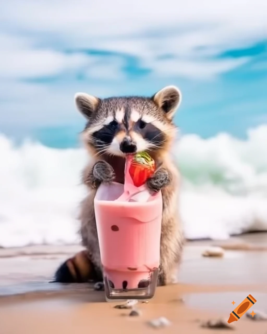 Raccoon surfing a wave with strawberry shake under the sun on Craiyon