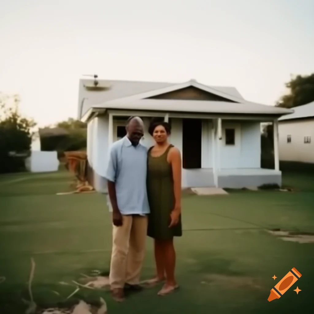 Happy black couple outside modest house with garden, smiling and ...