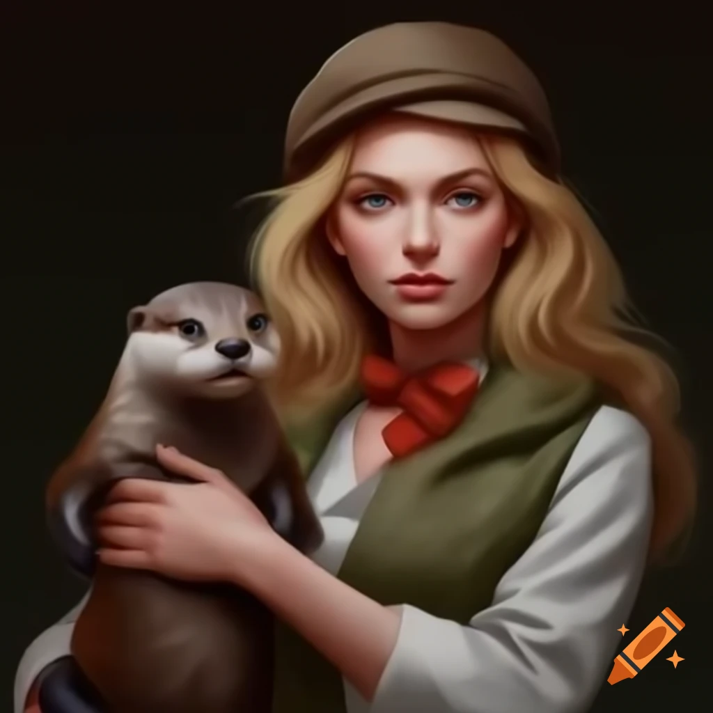 Blonde woman in lab coat holding otter in 1920s UK style on Craiyon