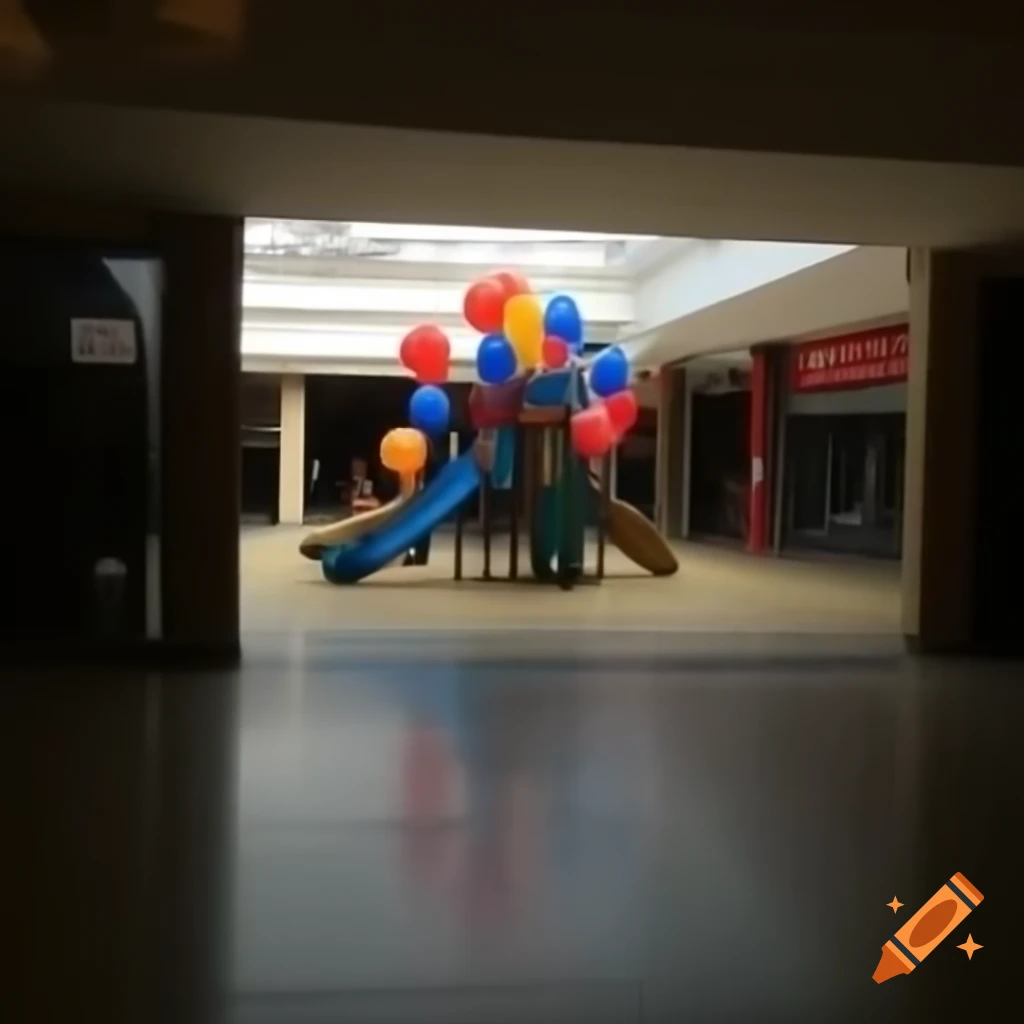 Indoor playground in empty mall center with balloons, bright colors on ...