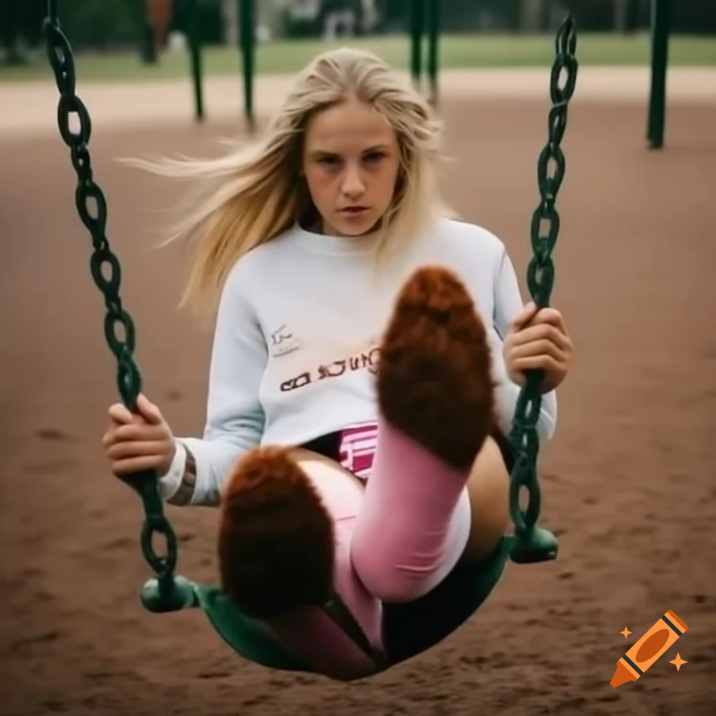 Woman swinging in playground with feet up, showcasing socks on Craiyon