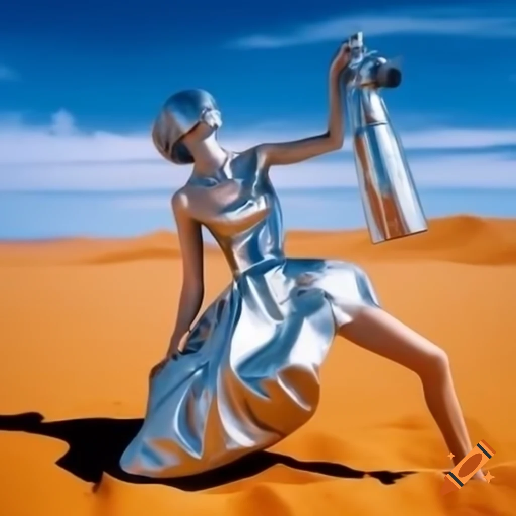Pop surreal photography of silver statue woman in desert, 2000s style ...